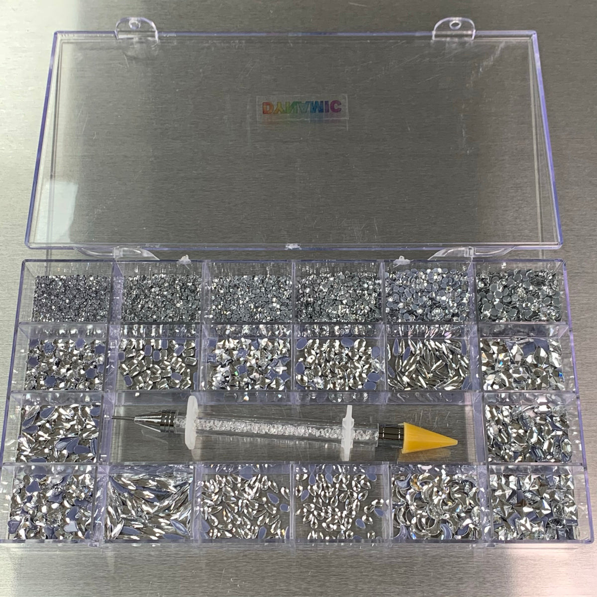 [Silver silver-back] Rhinestones set - 20 cells box - 14 big shapes an ...